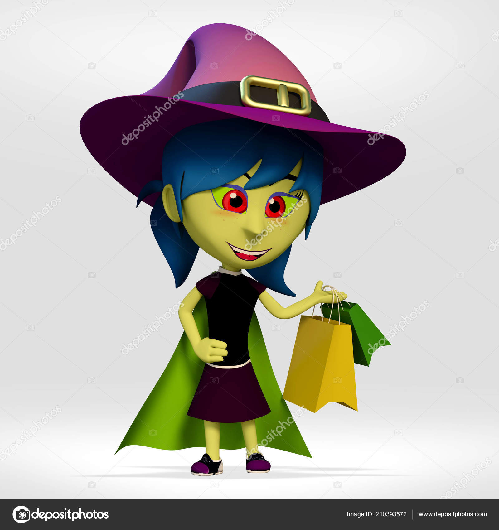 Halloween Costumed Girl Witch Shopping White Background Cartoon ...
