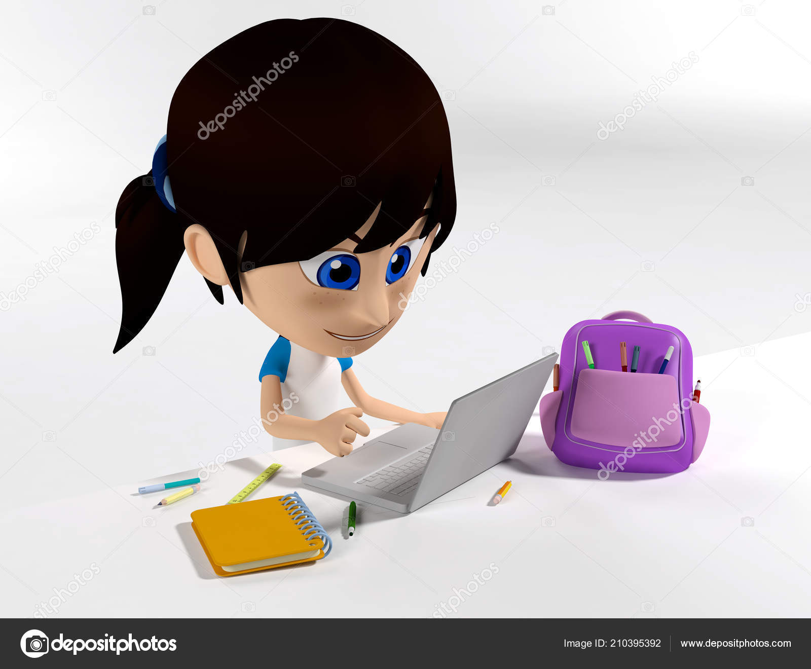 Student Girl Backpack Studying Computer Cartoon Illustration Stock ...