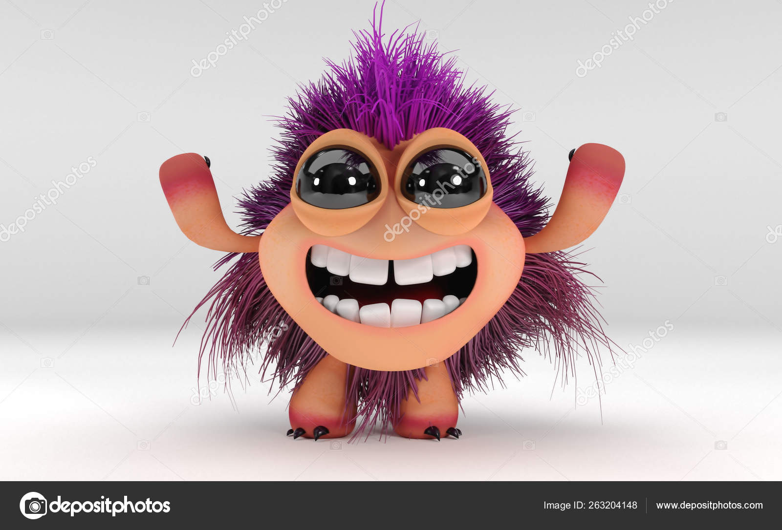 Happy Kawaii Monster Pointing Purple Hair Black Eyes — Stock Photo ...
