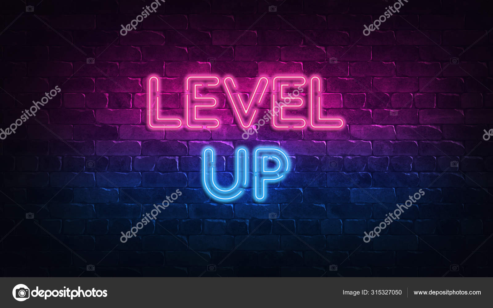 Level Up neon sign. purple and blue glow. neon text. Brick wall lit by ...