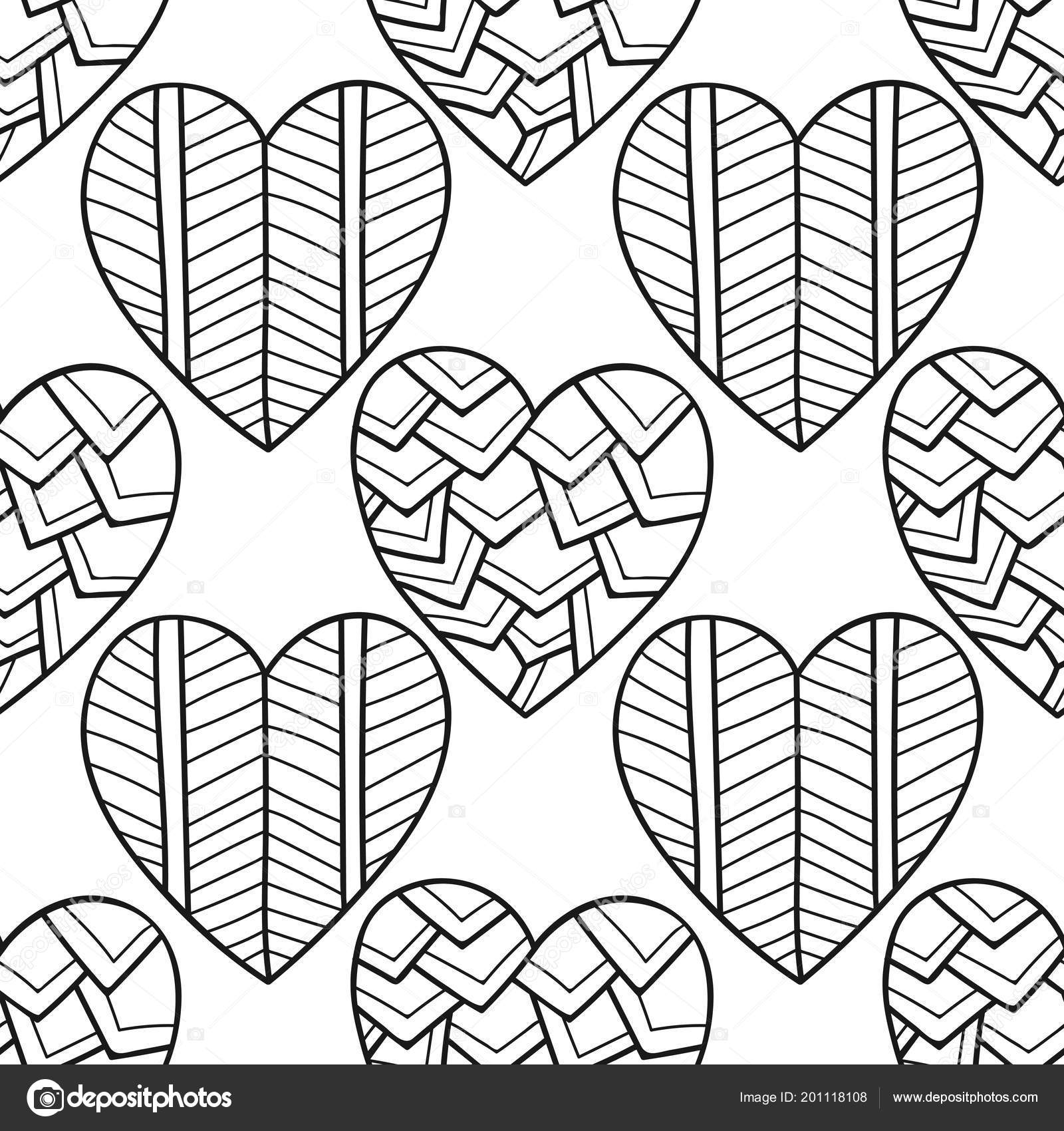 Decorative Hearts Black White Illustration Coloring Book Page Seamless ...