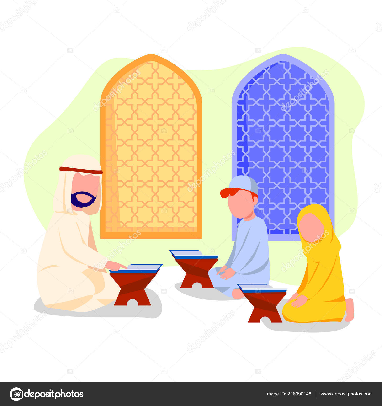 Little Kids Study Reciting Quran Arabian Teacher Vector Cartoon ...