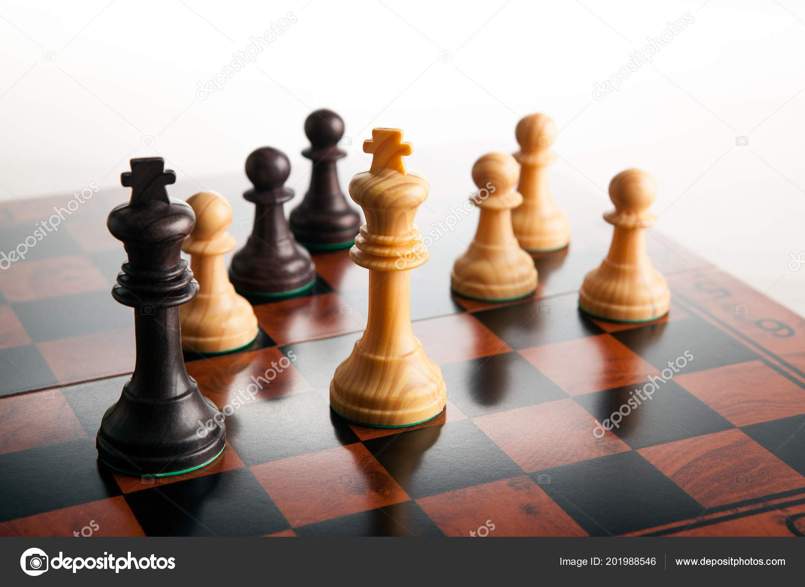 Chess Duel Two Kings Pawns Chessboard White Background Close Stock ...