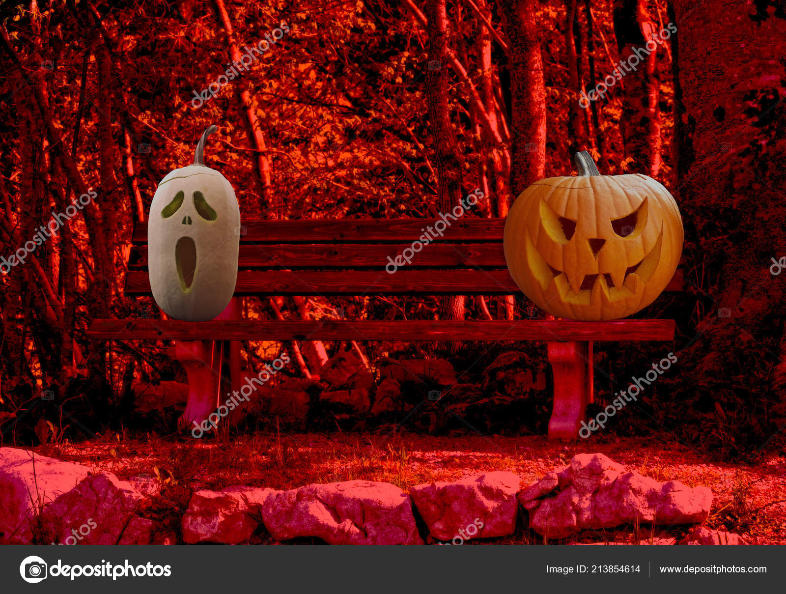 Halloween Celebration Two Scary Spooky Carved Pumpkins Park Bench ...