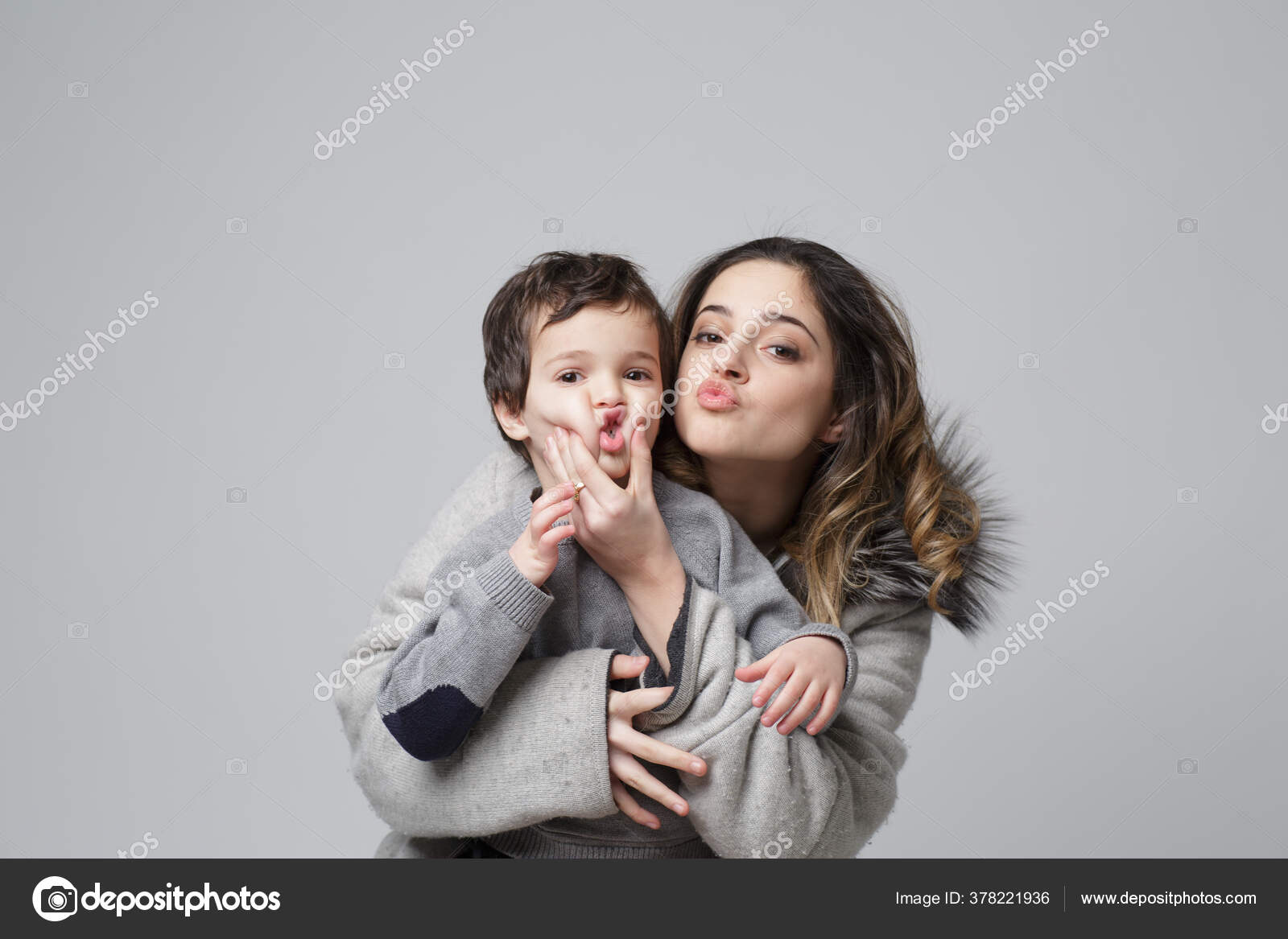 Brother Sister Pose Playful Setting Conceptual Image Grey Background ...