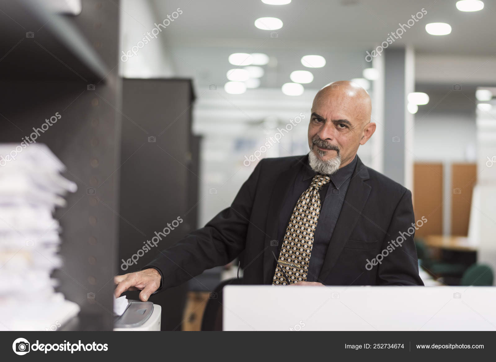 Senior Bald Man Working Office Black Suit Looking Camera Posing — Stock ...