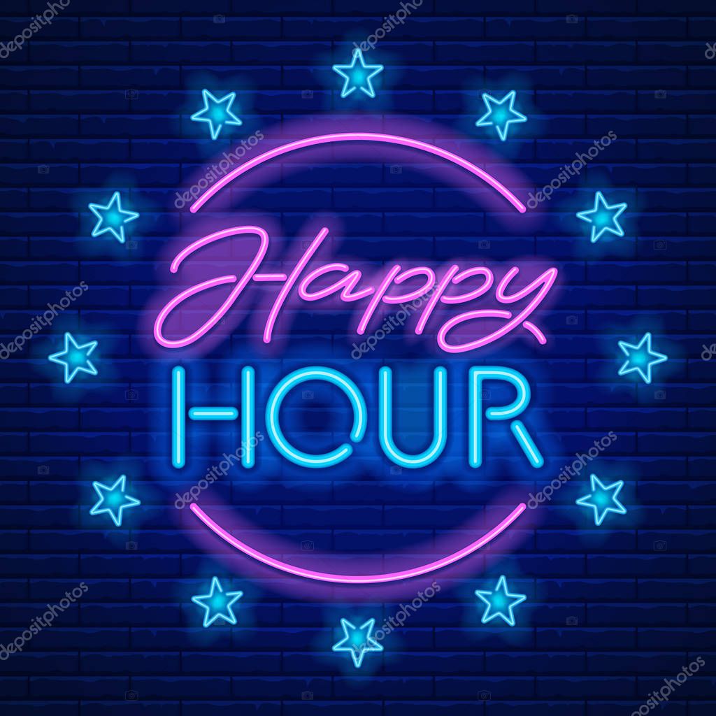 Hora Feliz. Signo realista de neón sobre fondo de pared de ladrillo ...