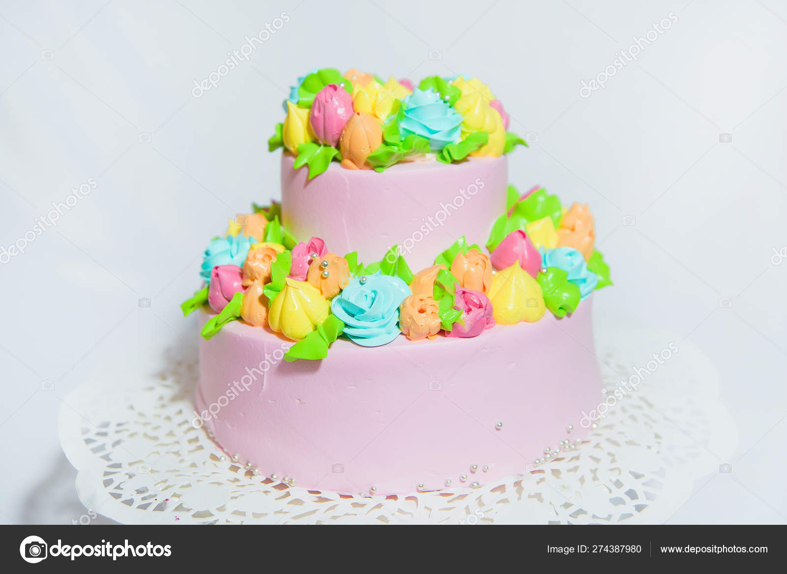 Pink Cake Custard Flowers Sweet Confectionery Two Storey Cake Pink ...
