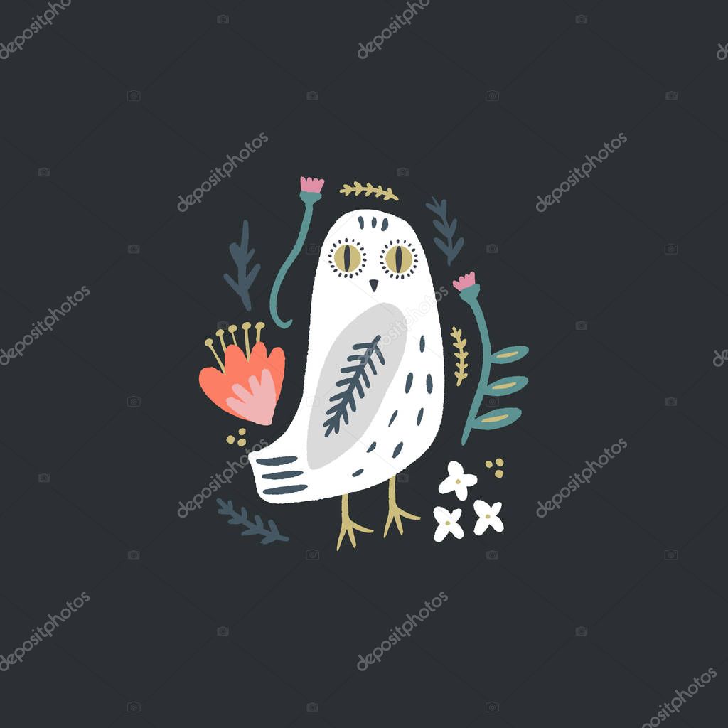 El arte del búho nevado, lindo pájaro polar blanco bohemio, dibujo con ...