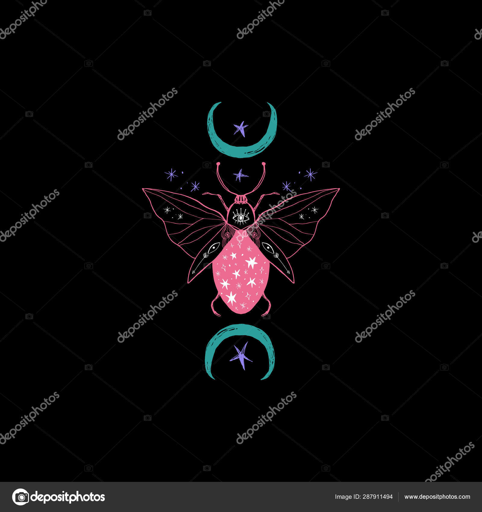 Vector illustration with hand drawn space magic beetle. Sacred Moon ...