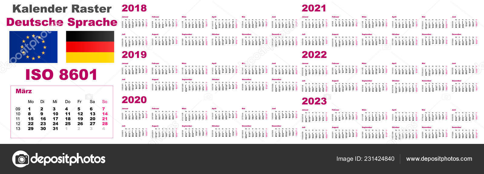 Set grid wall calendar Deutsche german dutch language for 2018, 2019 ...