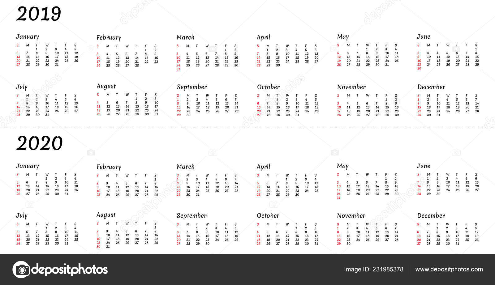 2019 2020 Calendar Year Illustration Week Starts Sunday American ...