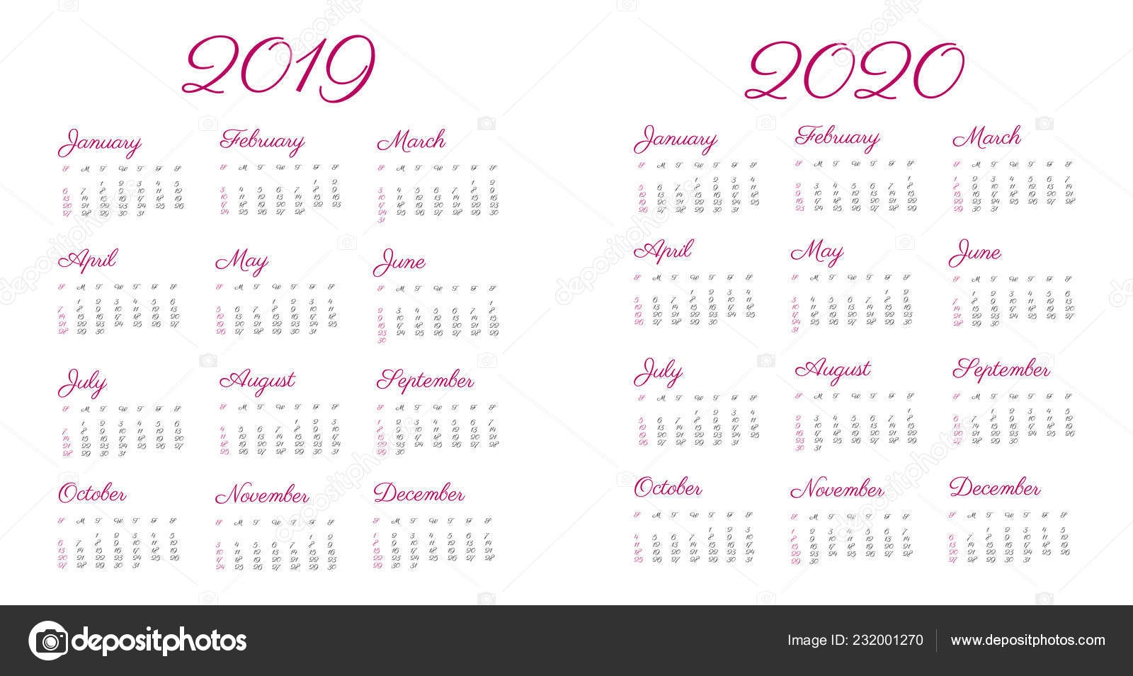 2019 2020 Calendar Year Vector Illustration Week Starts Sunday American ...