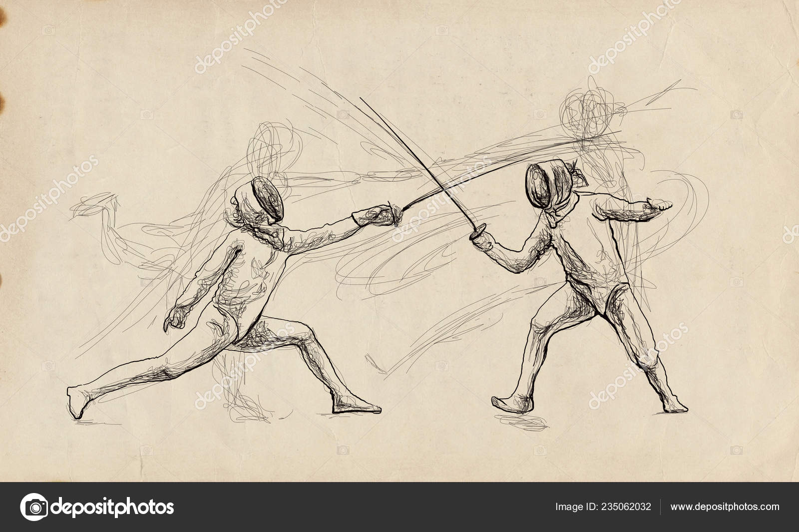 Competitive Fencing Two Sportmen Athletes Match Hand Drawn Illustration ...