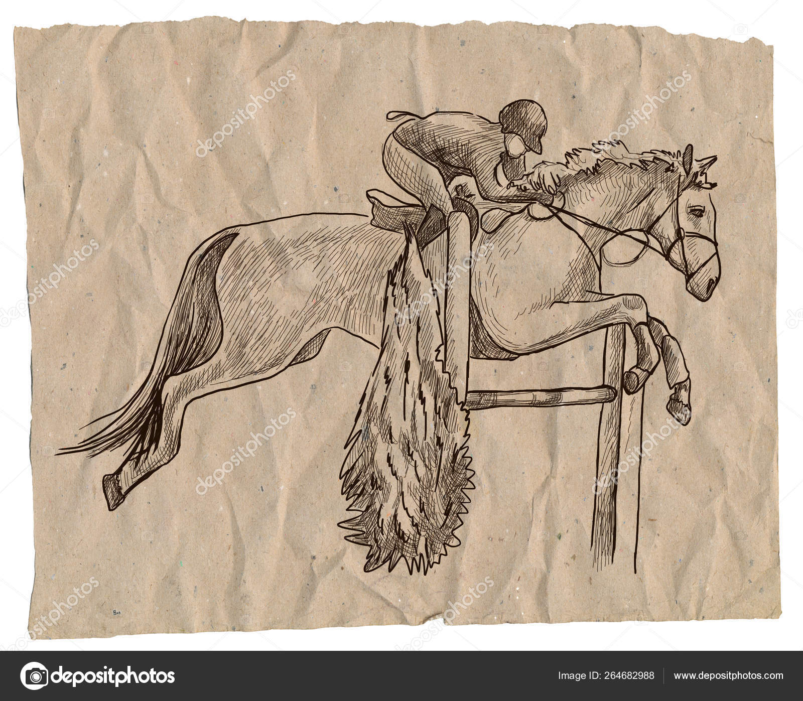 Show Jumping, hand drawn illustration. Line art technique. — Stock ...