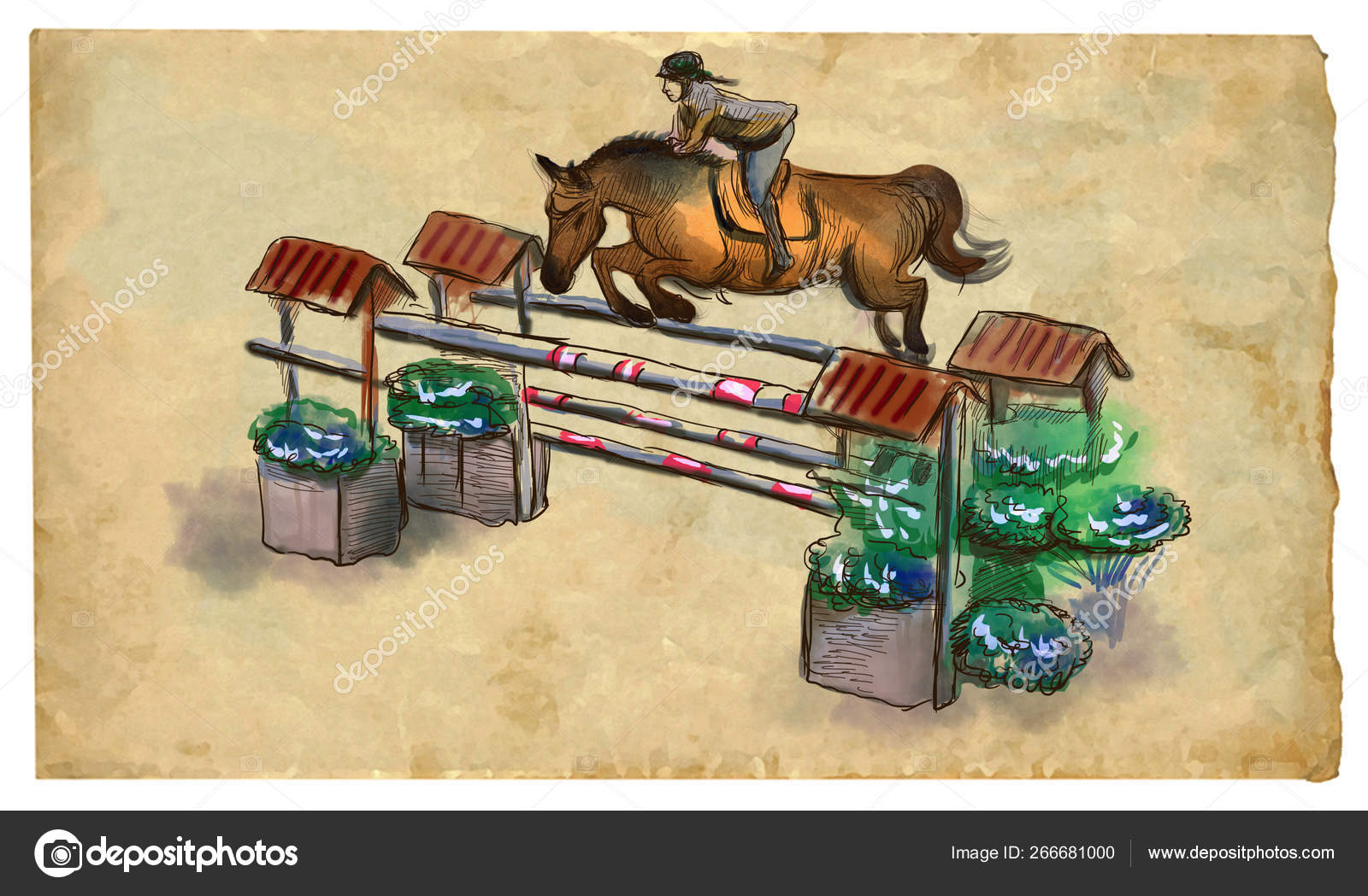 Show Jumping, hand drawn colored illustration. Line art techniqu Stock ...