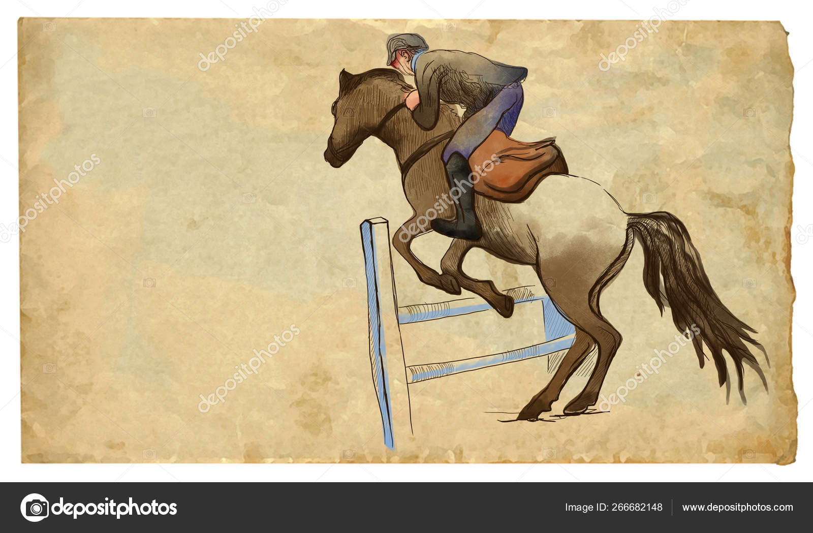 Show Jumping, hand drawn colored illustration. Line art techniqu ...