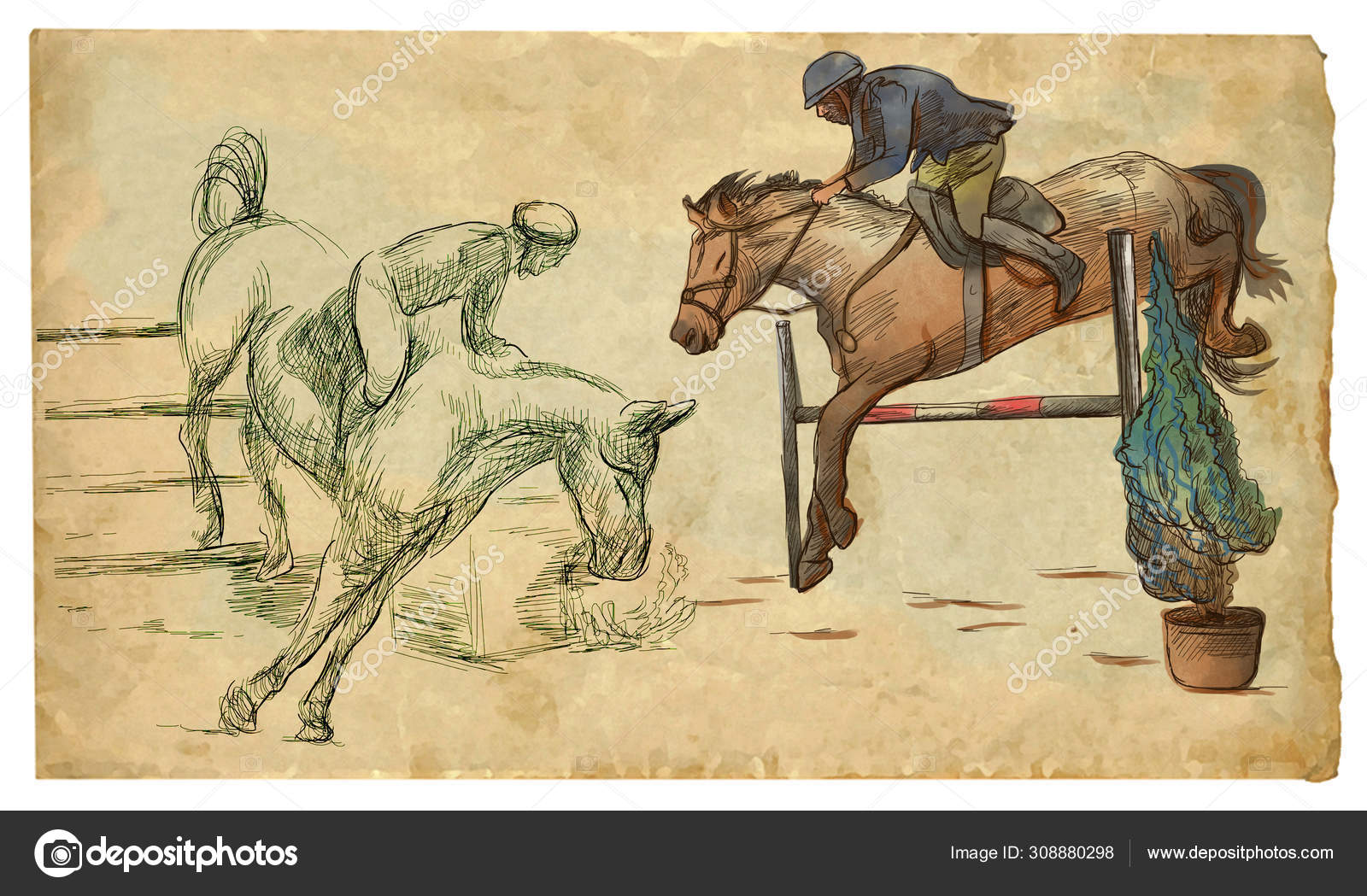 Show Jumping, hand drawn colored illustration. Line art techniqu ...
