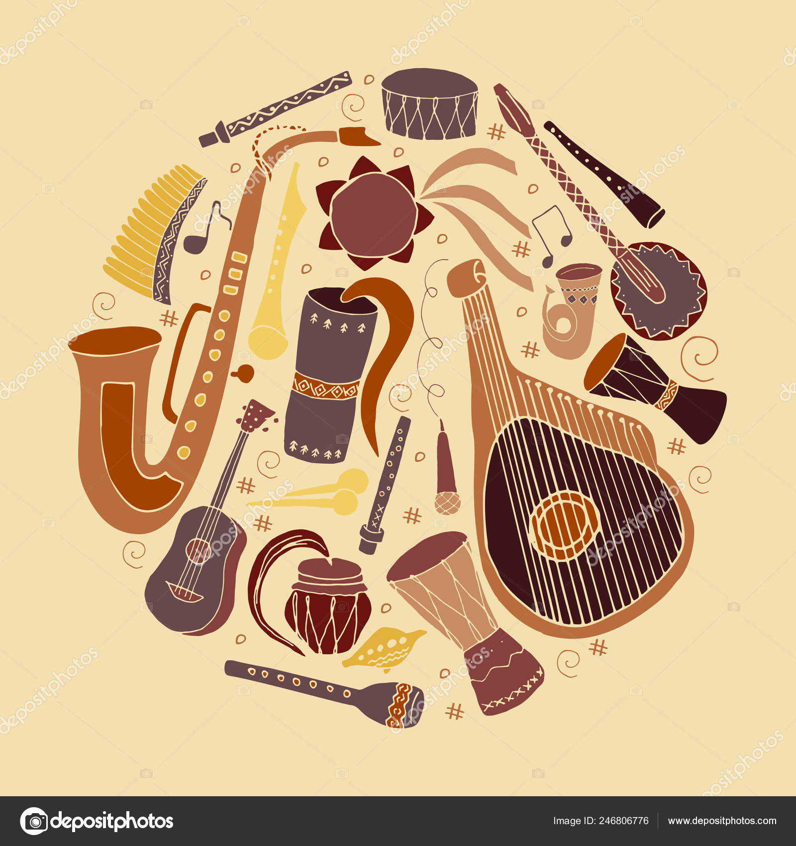 Set Hand Drawn Traditional Slavic Ukrainian Musical Instruments Circle ...