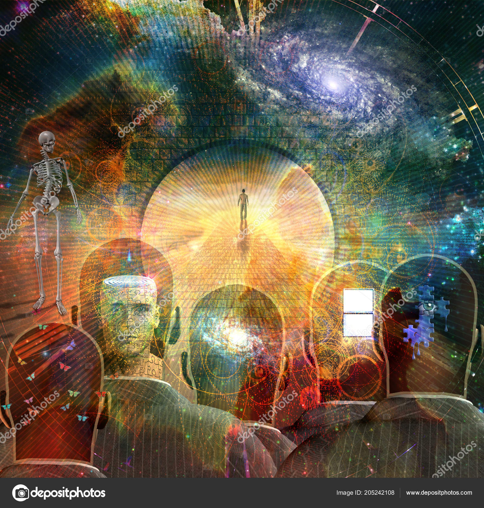 Surrealism Man Walks Stone Road Space Men Heads Different Thoughts ...