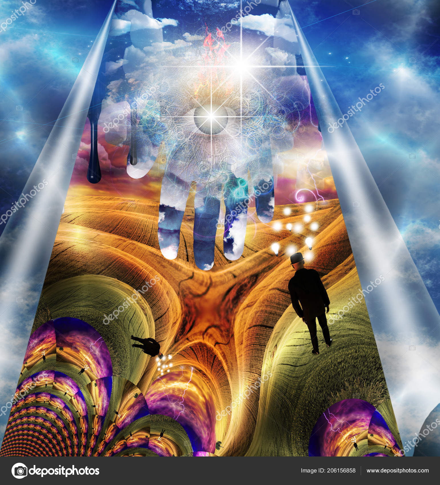 Surrealism Man Light Bulbs Head Stands Green Field God's Eye Stock ...