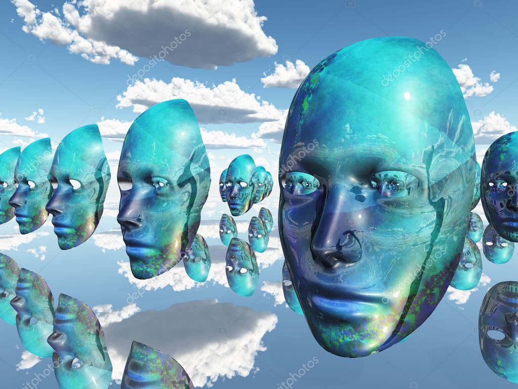 Rostros desencarnados o máscaras flotando en la escena surrealista 2024