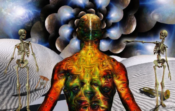 Man Weird Eyes Body Stands Surreal Desert Hourglass Figure Man Stock ...