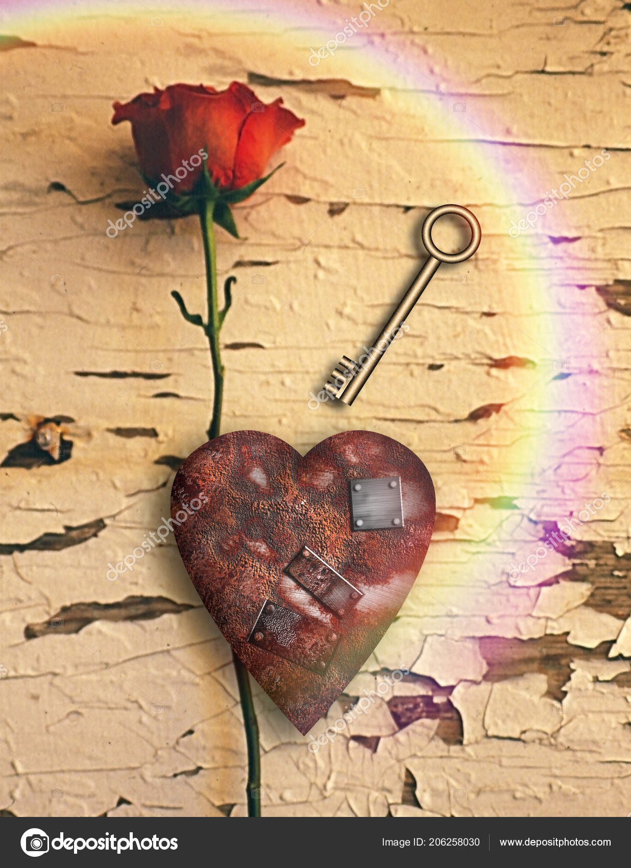 Surrealism Red Rose Rusted Heart Metal Patches Golden Key Rendering ...