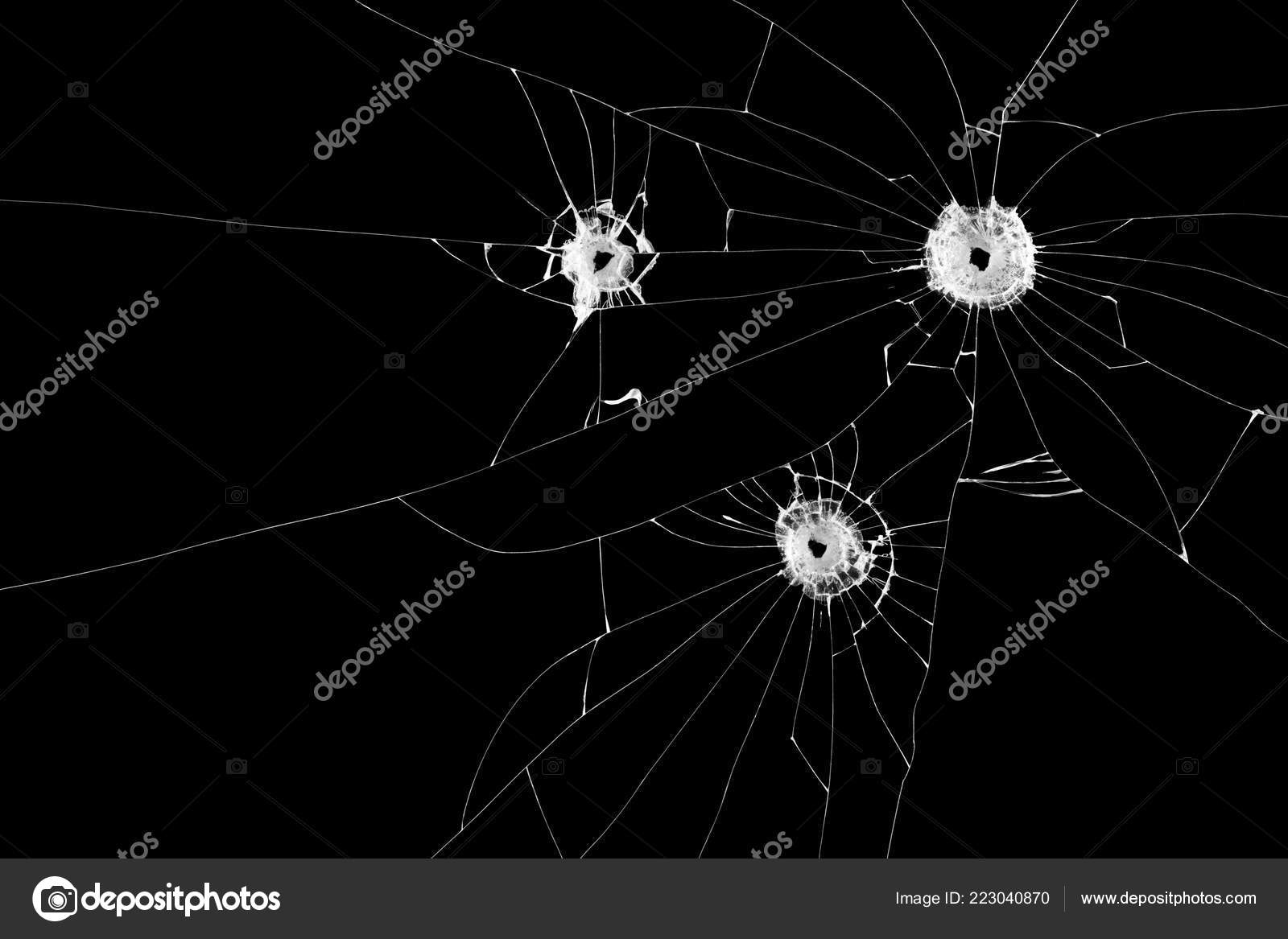 Three Bullet Holes Broken Glass Isolated Black Background Shattered ...