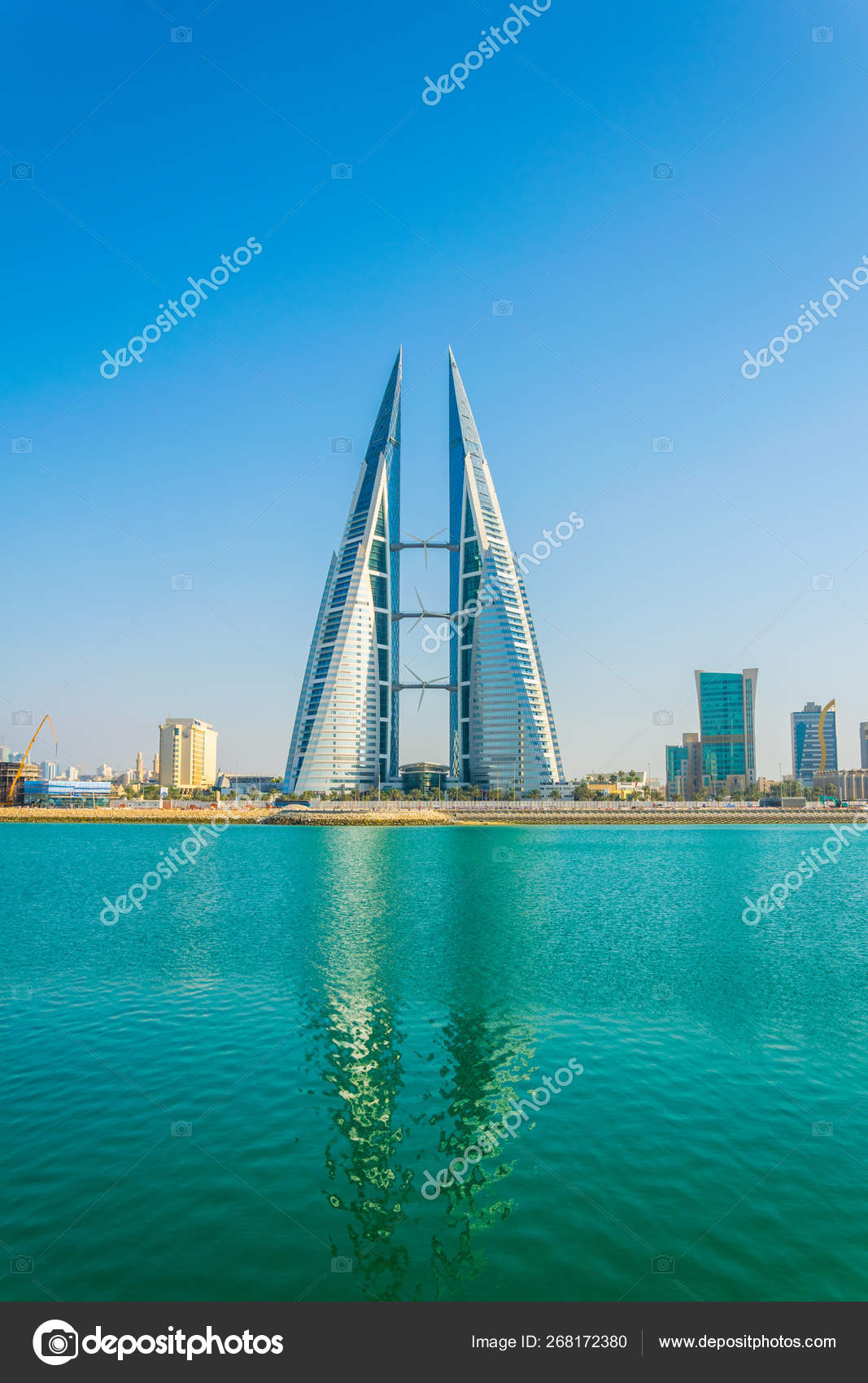 Skyline of Manama dominated by the World trade Center building, Bahrain ...