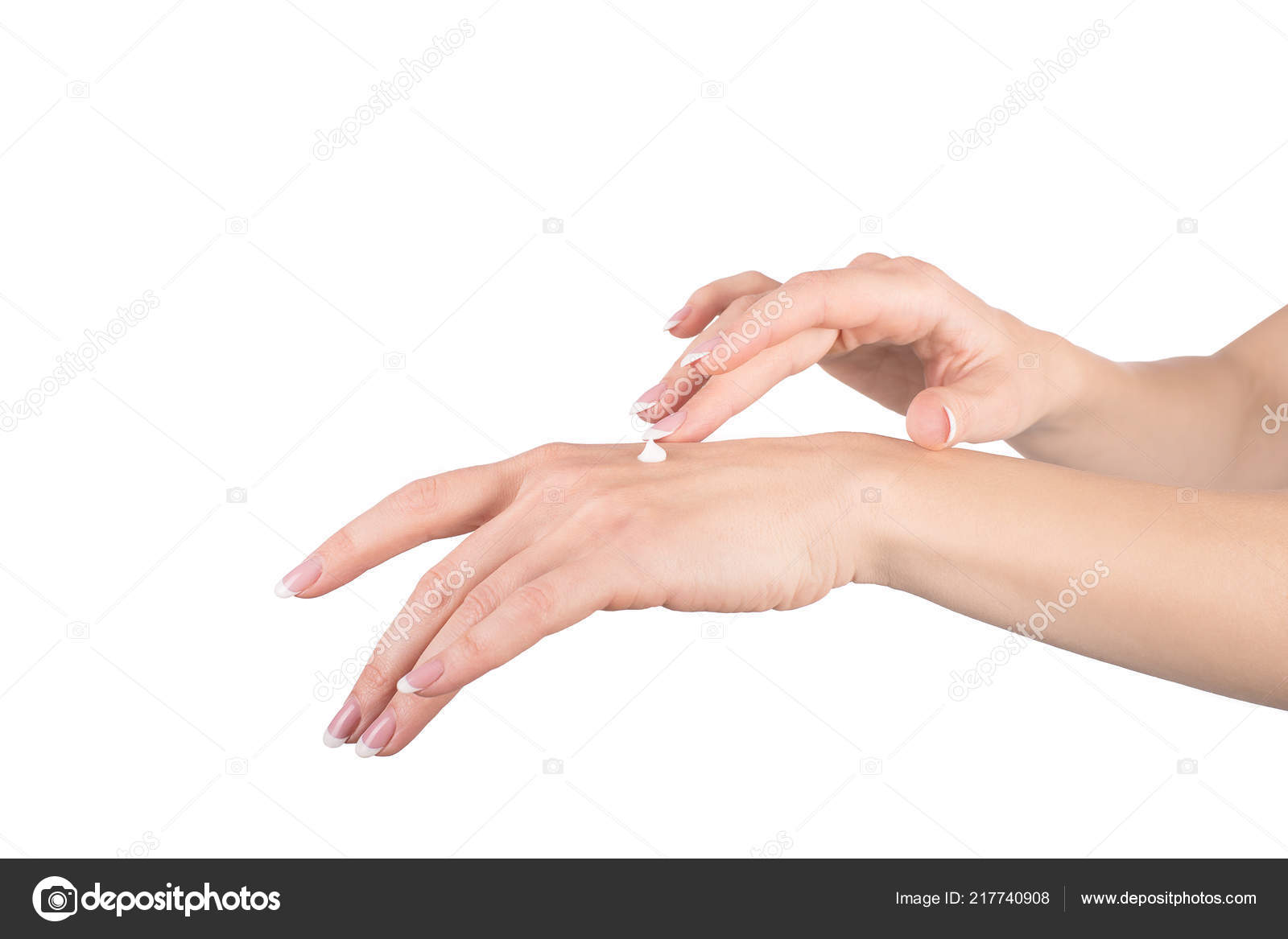 Female hands applying hand cream, white background, closeup Stock Photo ...