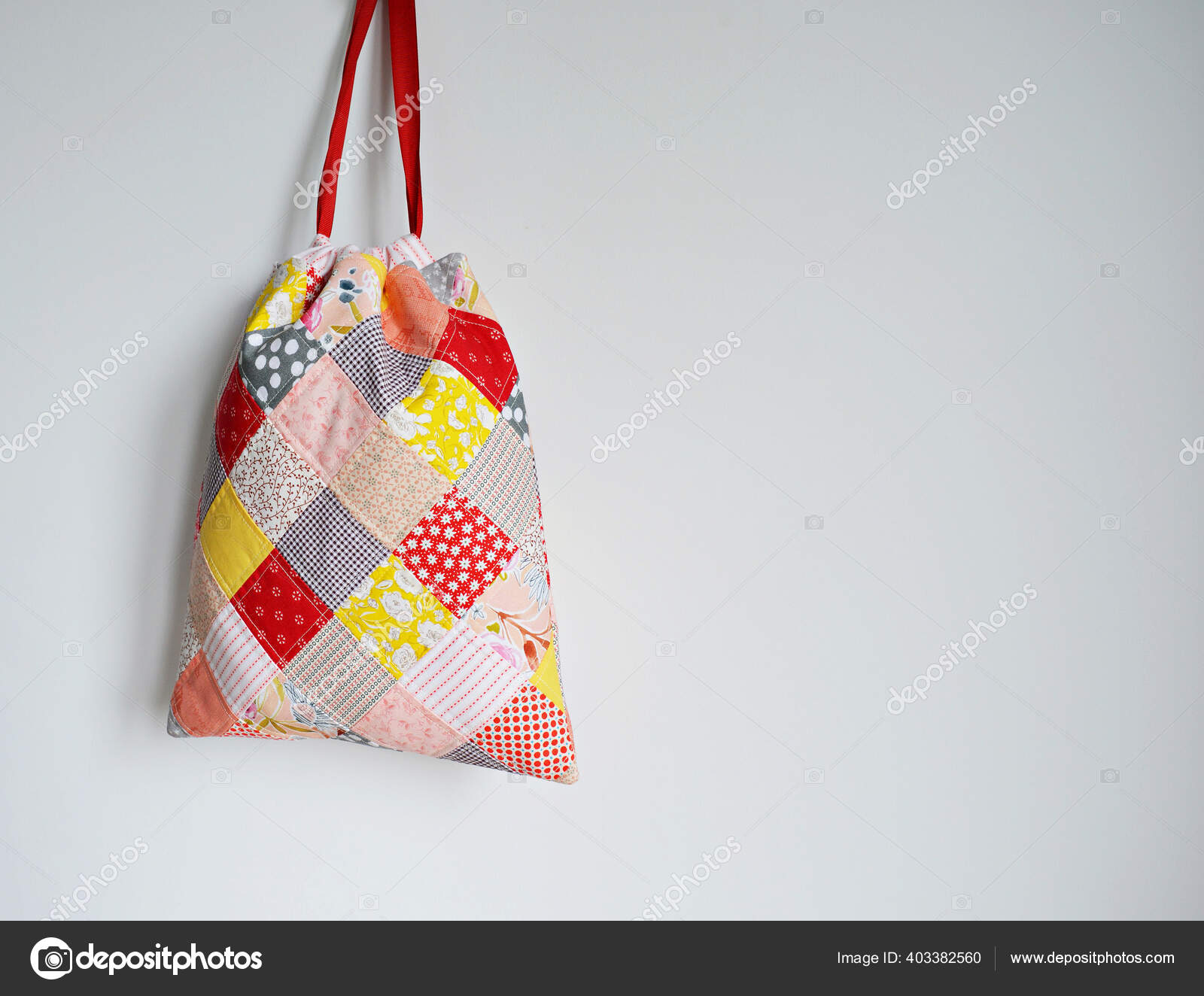 Colorful Patchwork Drawstring Bag White Wall — Stock Photo © motyahouse ...