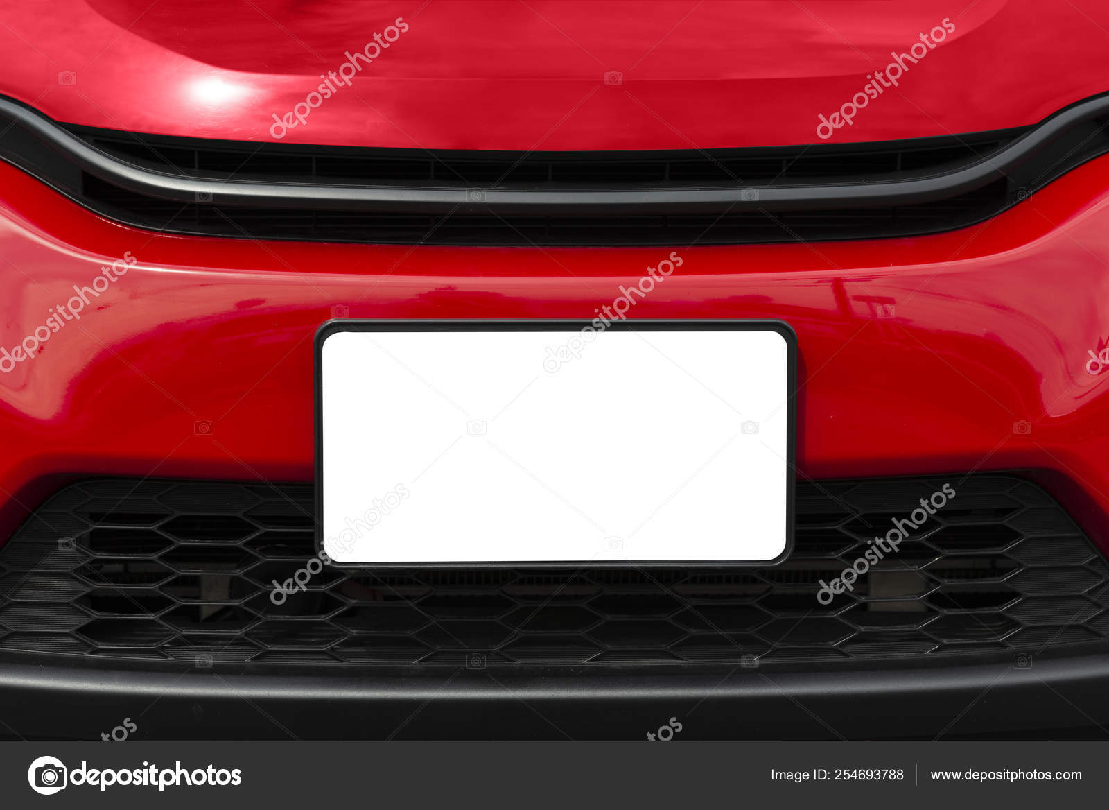 Blank White Front License Plate On Red Car With Copy Space — Stock ...