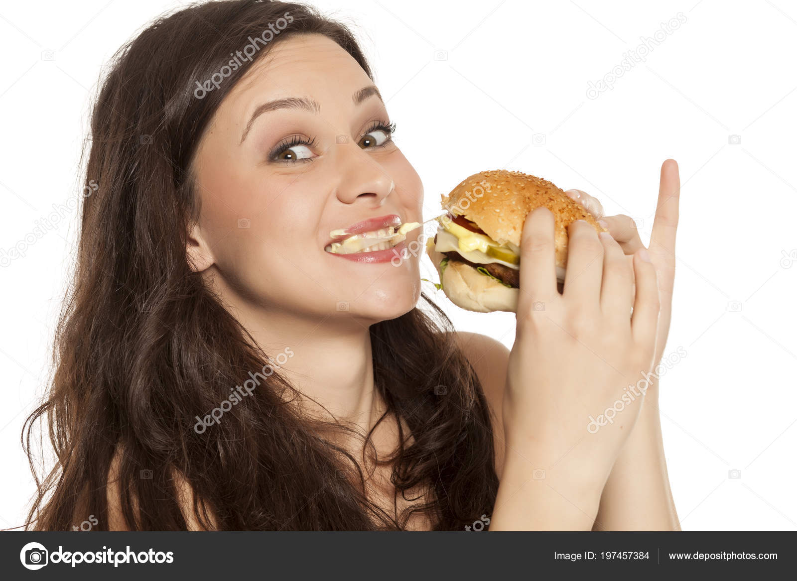 Young Beautiful Greedy Woman Eating Hamburger White Background Stock ...