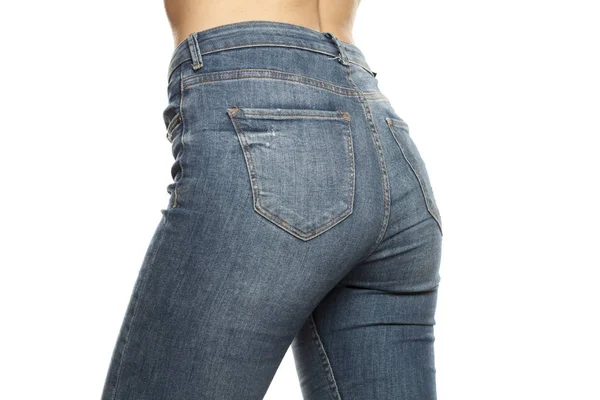 Legs Woman Ripped Jeans Beige Studio Background Back Rear View — Stock ...