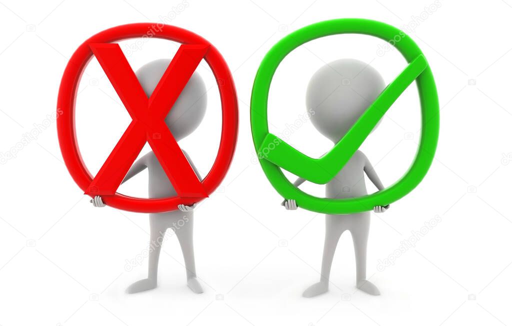 3d hombre presentando el concepto de signo correcto e incorrecto en ...