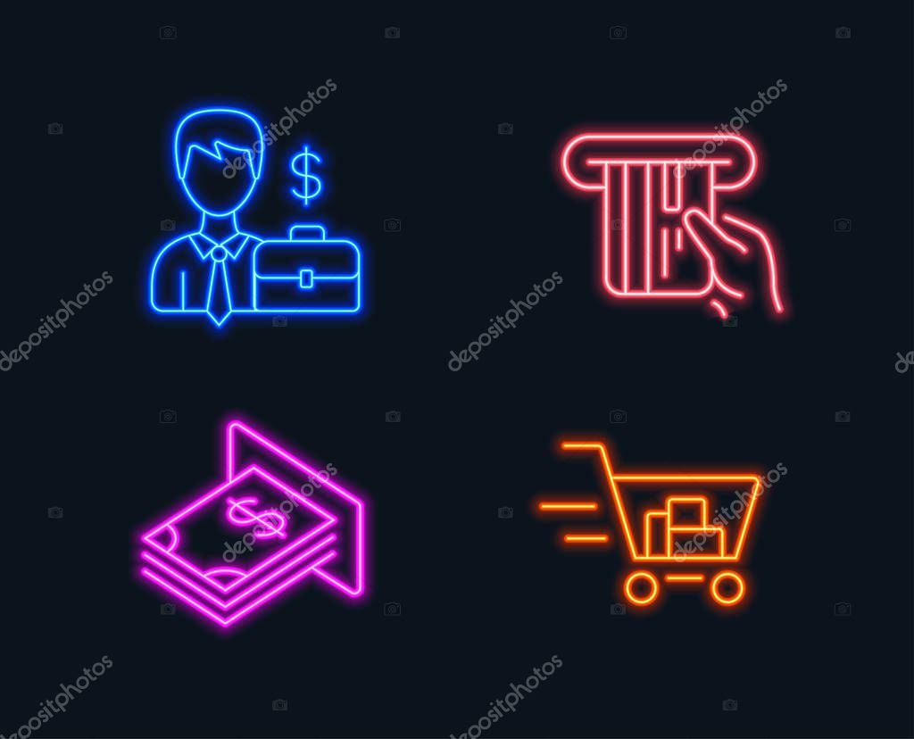 Luces de neón. Conjunto de caja de Empresario, tarjeta de crédito y ...