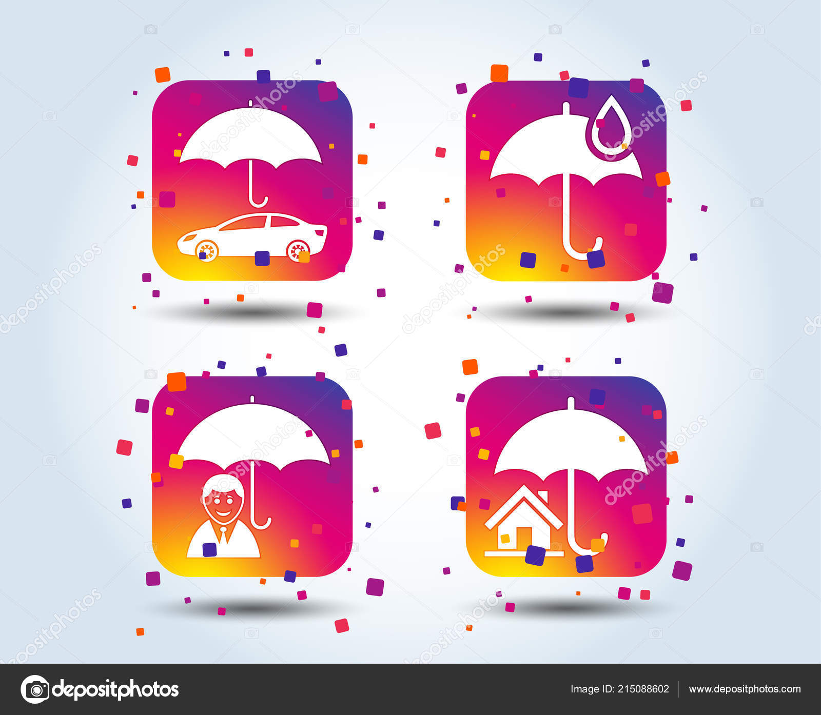Umbrella Car Drop Man House Colorful Gradient Square Icons White Stock ...
