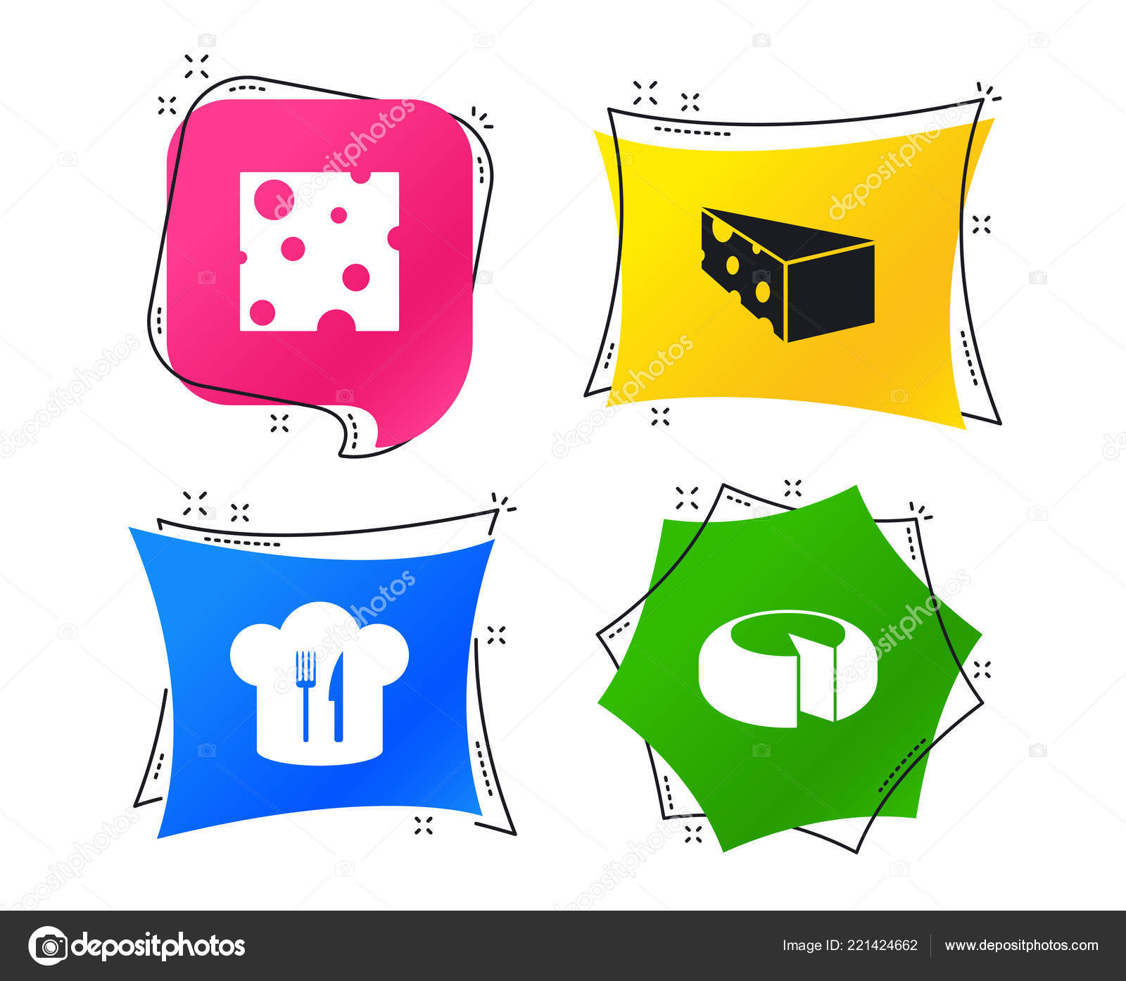 Cheese Icons Cheese Wheel Sign Sliced Food Chief Hat Symbols Stock ...