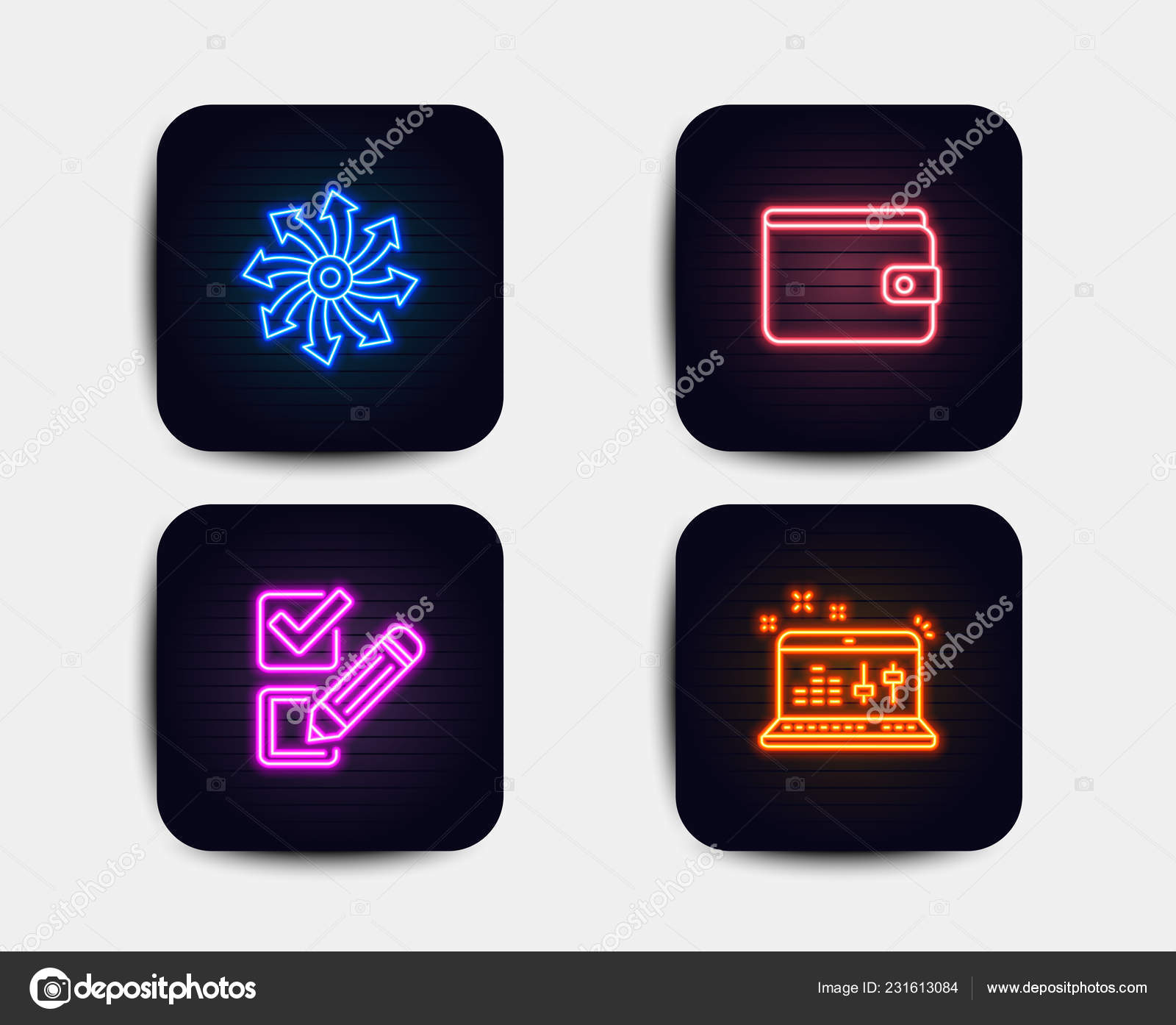Neon Set Checkbox Versatile Money Wallet Icons Sound Check Sign Stock ...