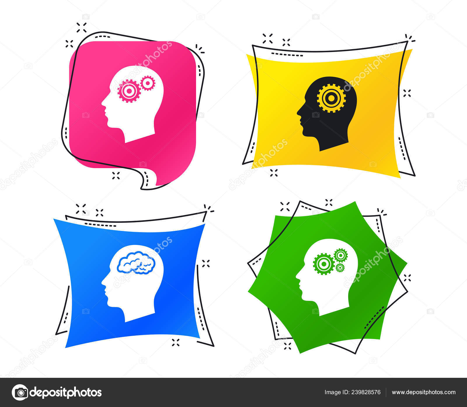 Head Brain Icon Male Human Think Symbols Cogwheel Gears Signs Stock ...