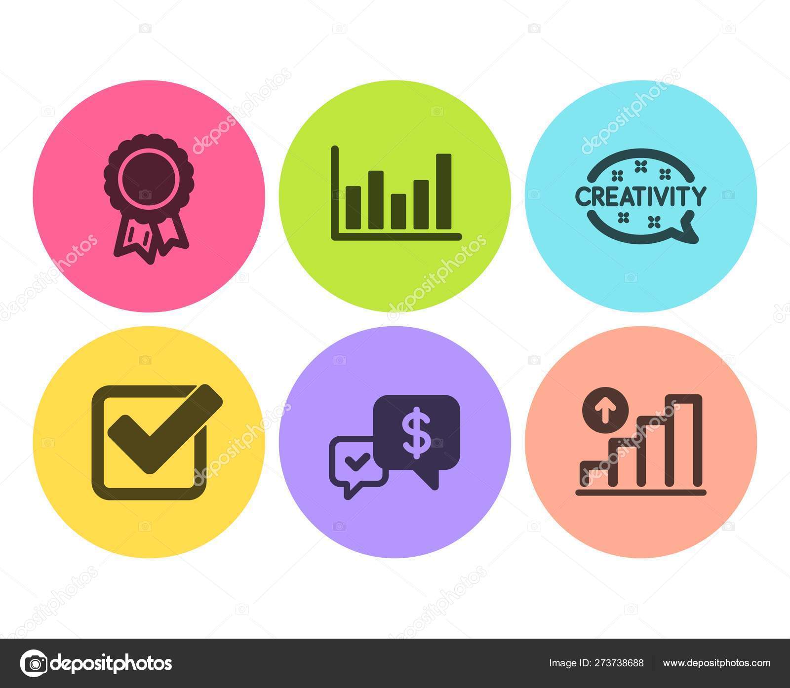 Payment received, Creativity and Checkbox icons set. Success, Column chart and Graph chart signs ...