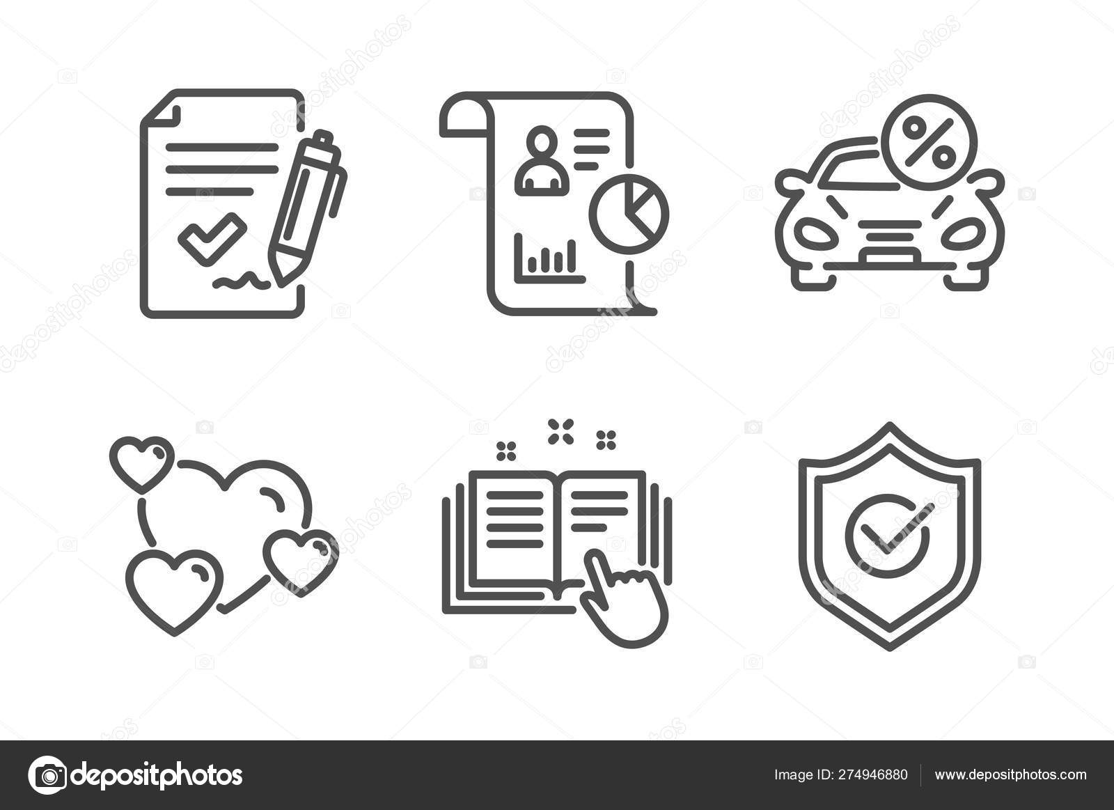 Technical documentation, Approved agreement and Heart icons set. Car leasing, Report and ...