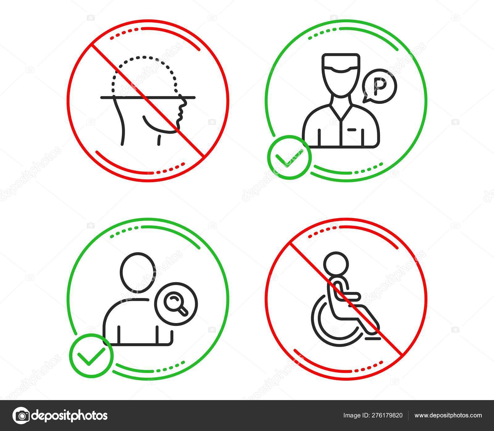 Face scanning, Find user and Valet servant icons set. Disabled sign ...