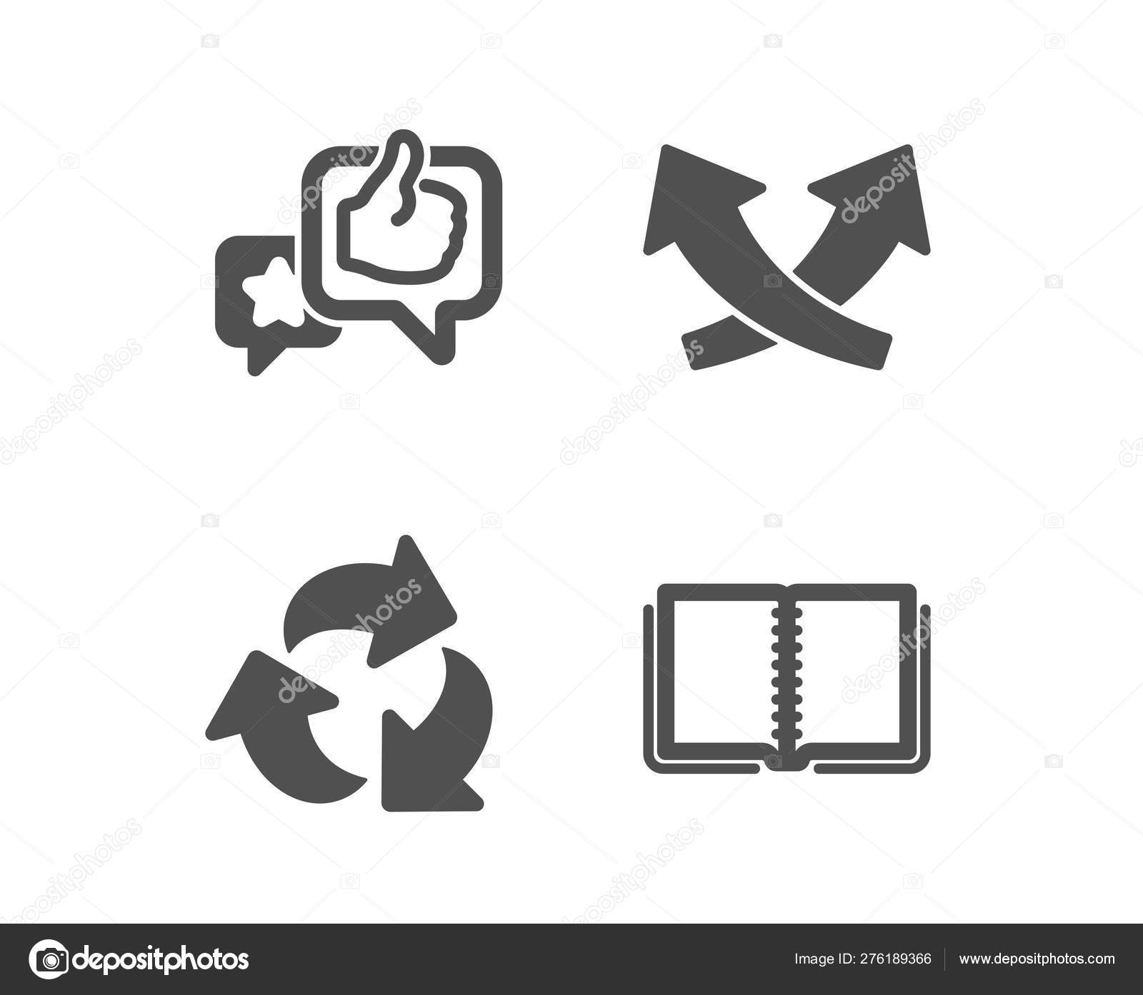 Recycle, Like and Intersection arrows icons. Book sign. Recycling waste ...