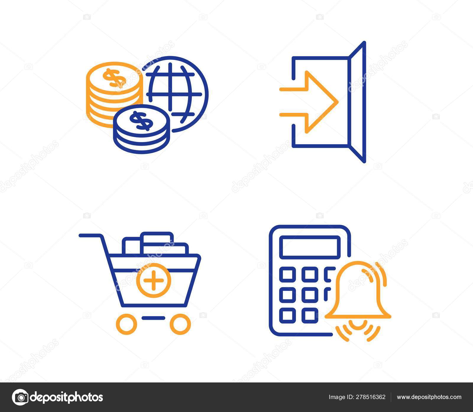 World money, Exit and Add products icons set. Calculator alarm sign ...