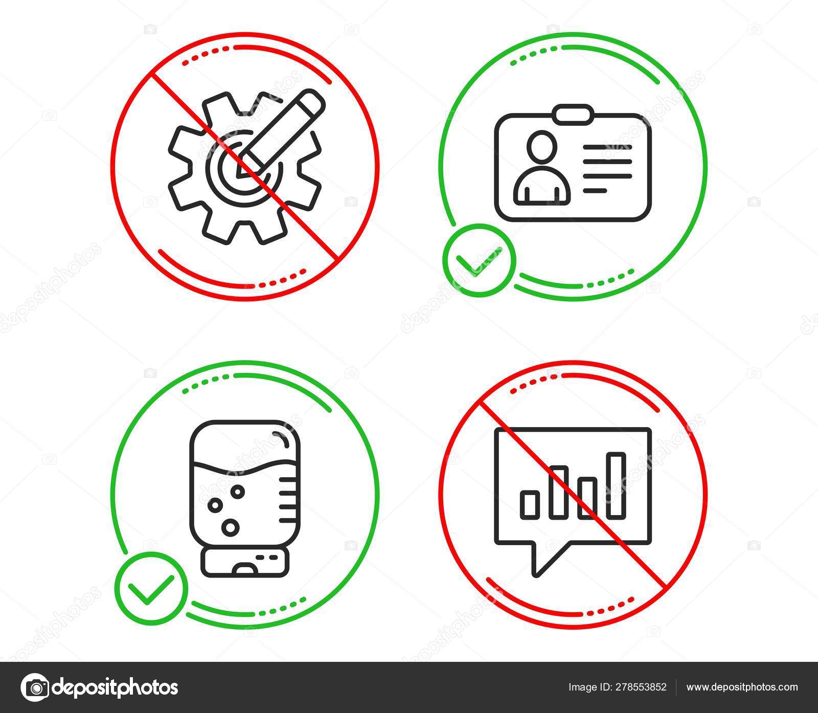Id card, Water cooler and Cogwheel icons set. Analytical chat sign ...