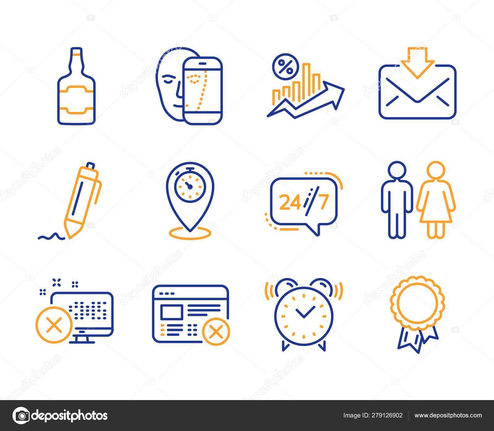 Restroom, Signature and Alarm clock icons set. Reject web, Reject ...