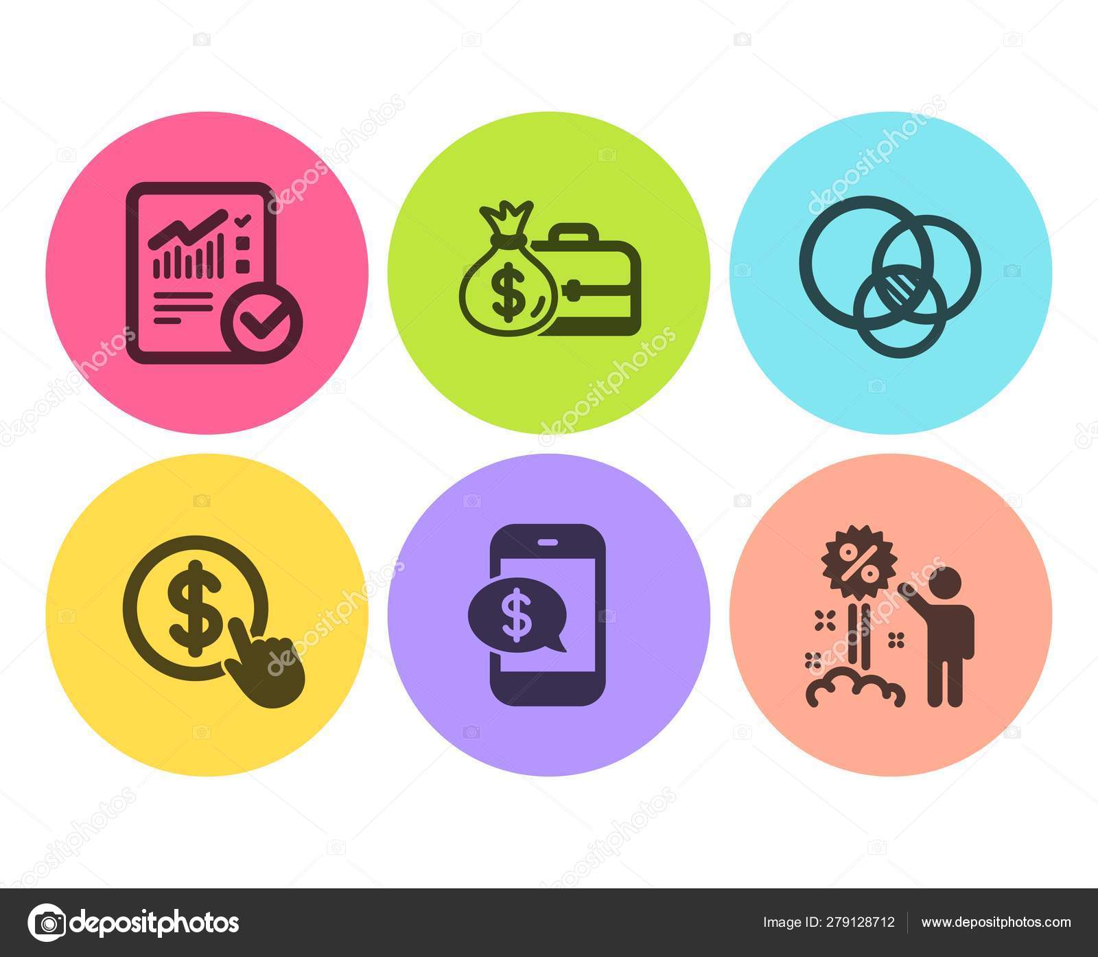 Buy currency, Salary and Checked calculation icons set. Euler diagram, Phone payment and ...
