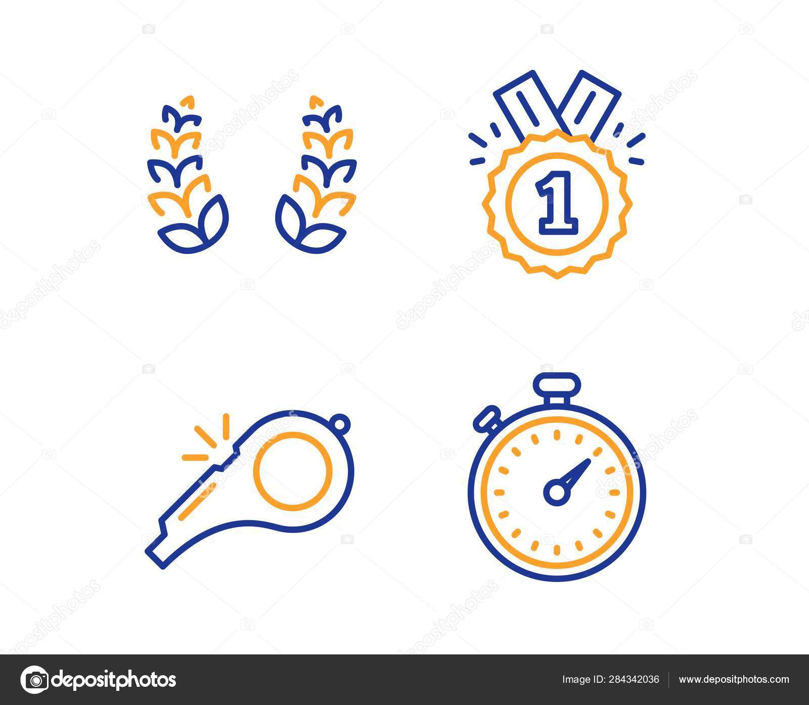 Approved, Laurel wreath and Whistle icons set. Timer sign. Winner badge ...